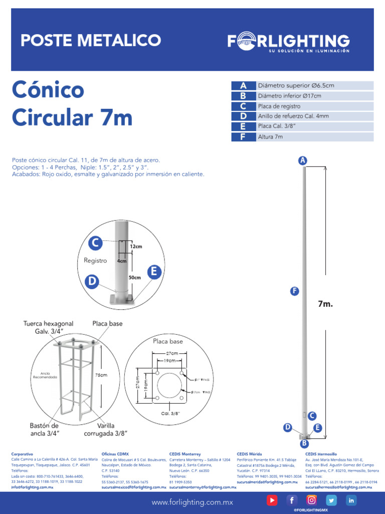 Ficha Técnica Poste Cónico Circular 7m | PDF