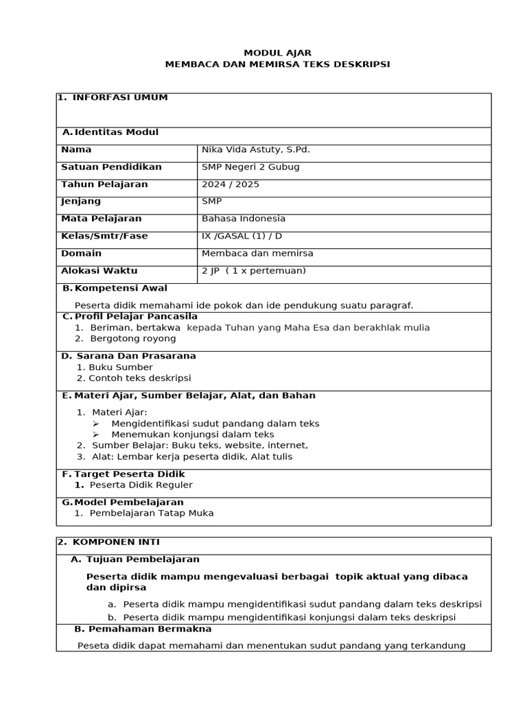 Modul Membaca TEKS DESKRISI | PDF