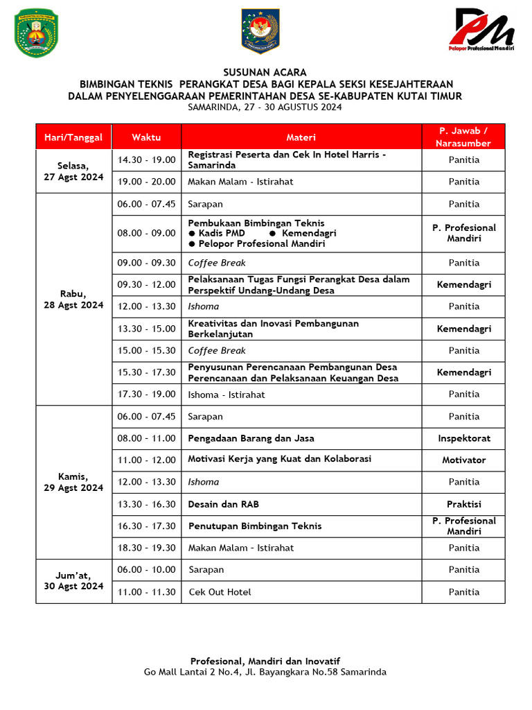 SUSUNAN ACARA BIMTEK KASI KESRA 27 SD 30 AGT 2024-2 | PDF