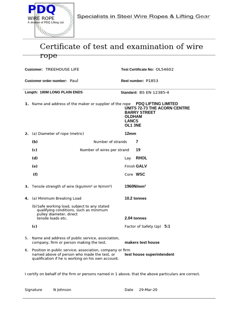 Wire Rope Test Certificate - PDQ Lifting | PDF | Technology & Engineering