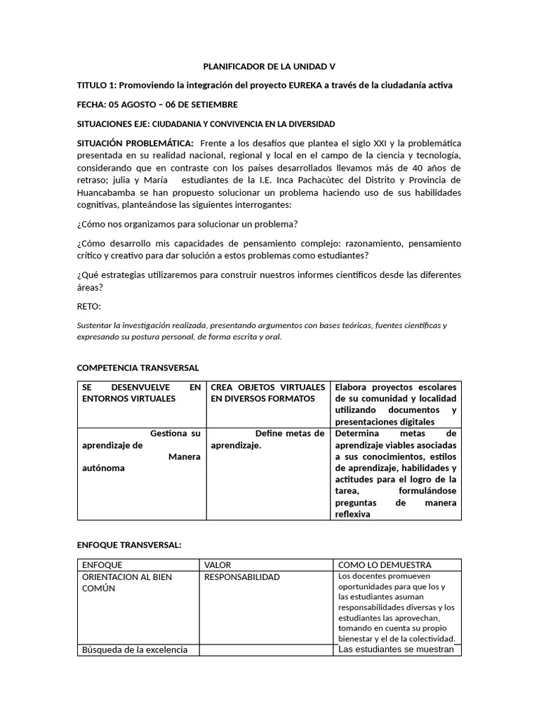 PLANIFICADOR DE LA UNIDAD V COORDINACION CCSS Cuarto | PDF