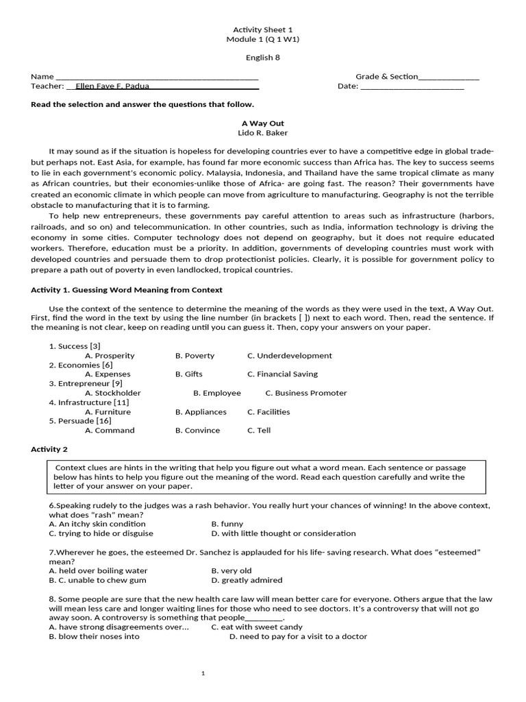 Grade 8 English Q1 W1 Quiz On Context Clues | PDF