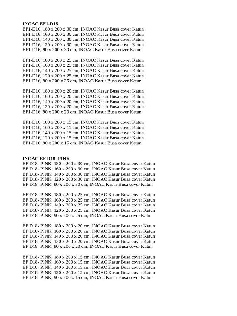 Produk Kasur Dan Ukuran | PDF