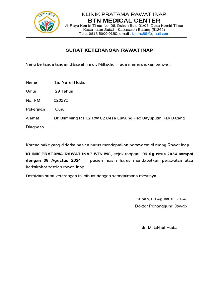SURAT KETERANGAN RAWAT INAP | PDF