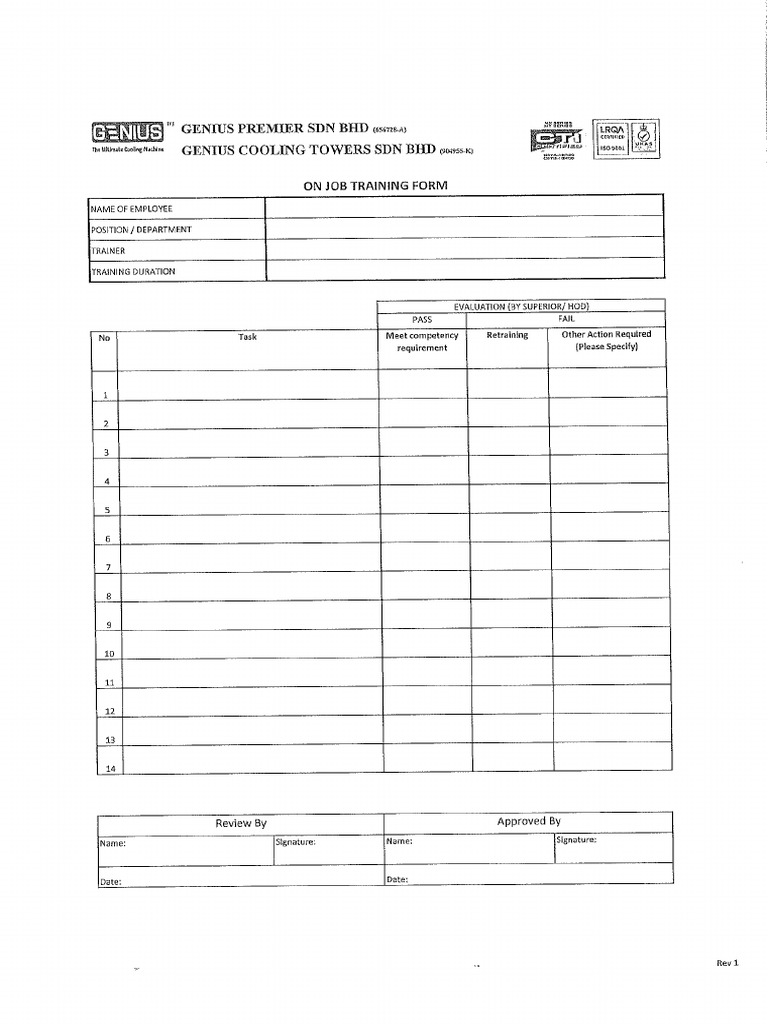 On Job Training Form | PDF