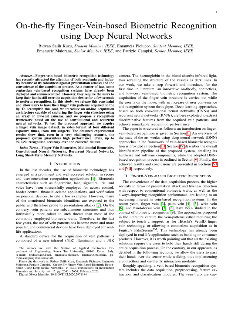 2020 - On-The-Fly Vein Recognition | PDF | Biometrics