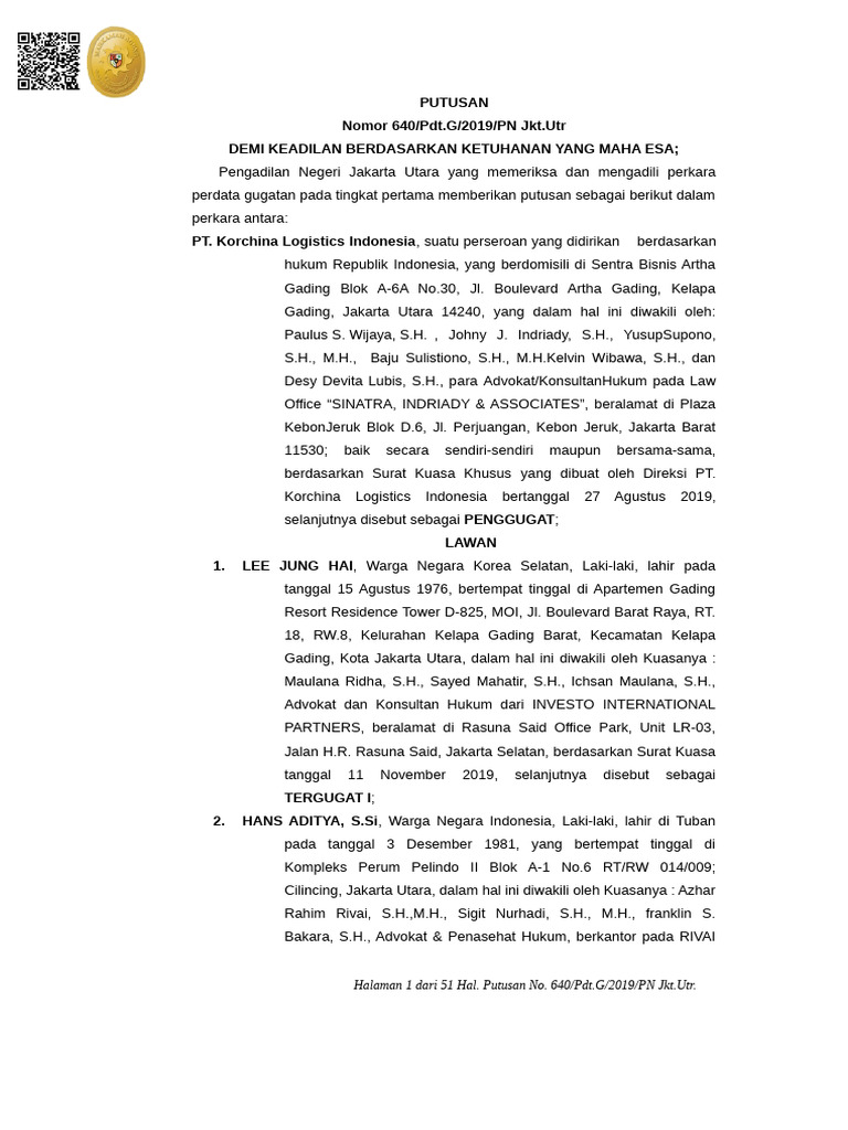 Putusan 640 PDT.G 2019 PN JKT - Utr 20240605171800 | PDF
