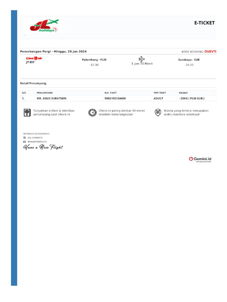 MR. AGUS SURATMIN Gemini E-Ticket - OUEVTI-Airline-Gemini | PDF