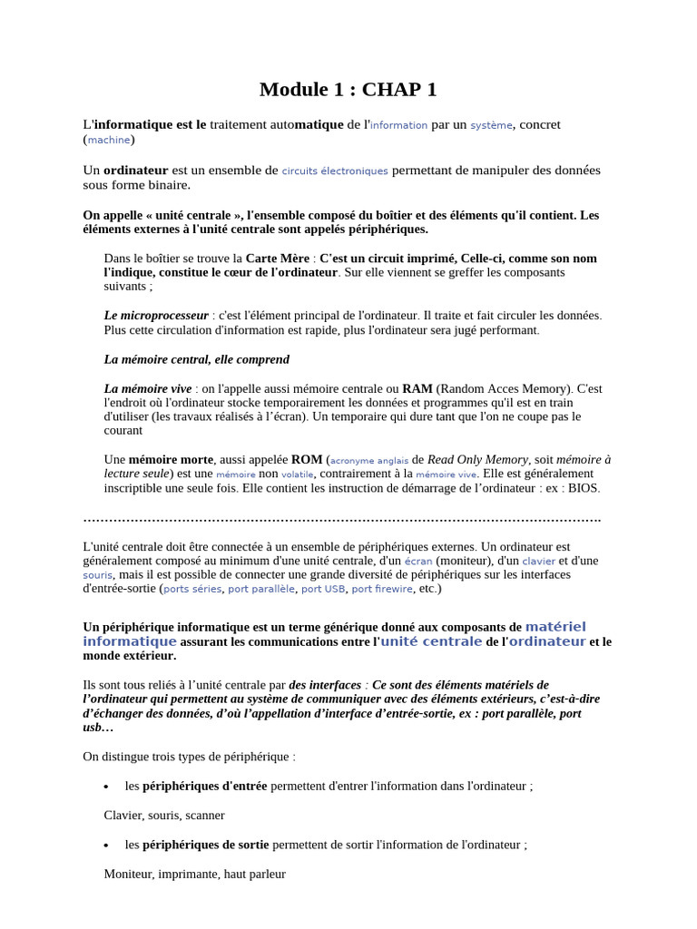 Chap 1 Fonctionnement D'un Ordinateur | PDF