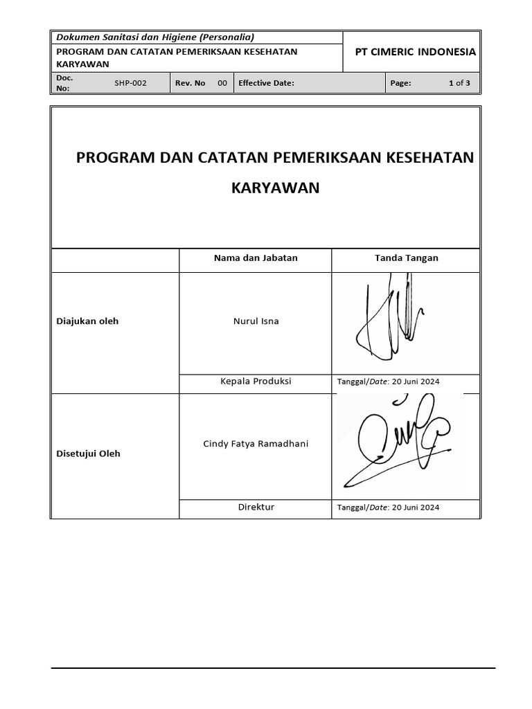 SHP-002 - Program Dan Catatan Pemeriksaan Kesehatan Karyawan 2 | PDF