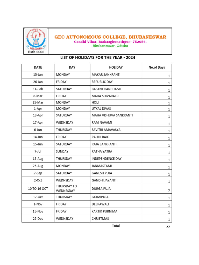 List of Holidays-2024 | PDF
