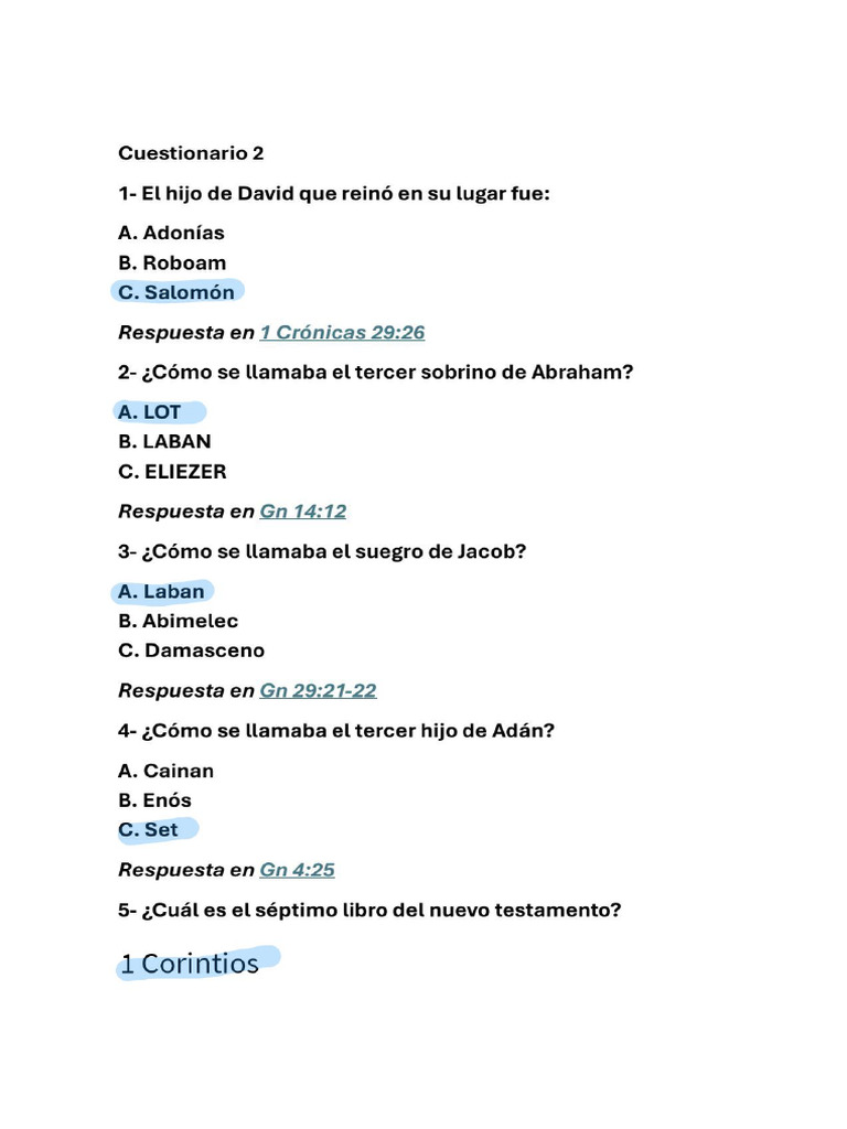 Cuestionario Biblico 2 | PDF