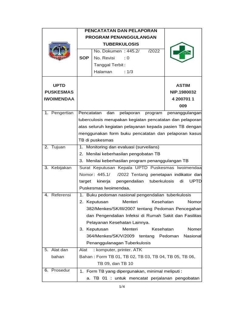 SOP Pencatatan Dan Pelaporan Penanggulangan TB | PDF