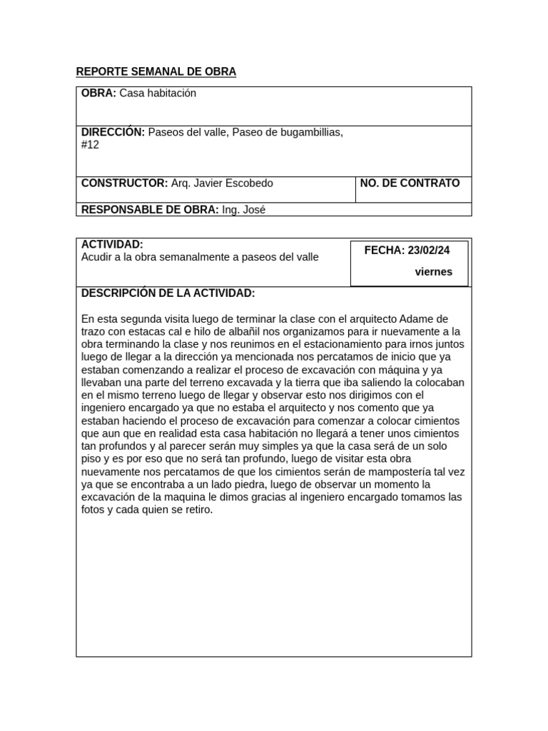Reporte Semanal de Obra | PDF