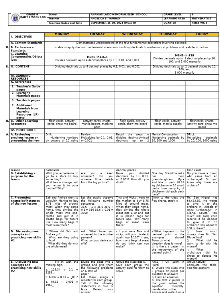 DLL - MATH 6 - Q1 - Week 8 | PDF