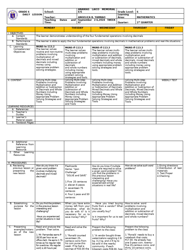 DLL - Mathematics 6 - Q1 - W6 | PDF