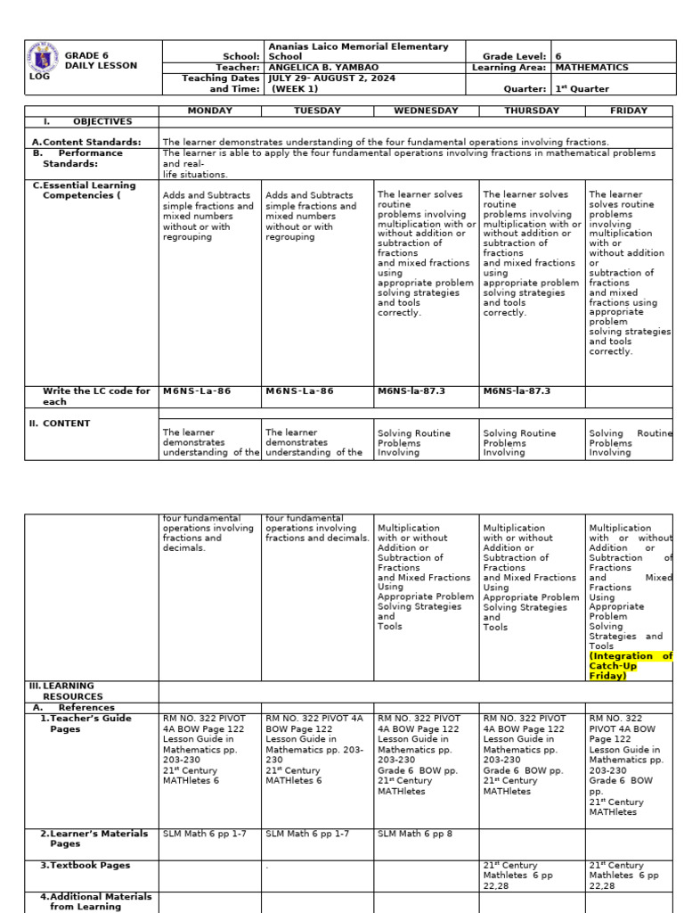 DLL - Mathematics 6 - Q1 - W1 | PDF