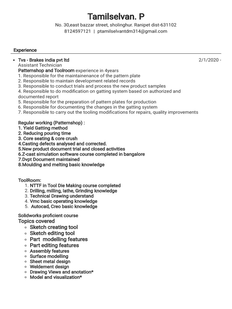 P. Tamilselvan Resume | PDF