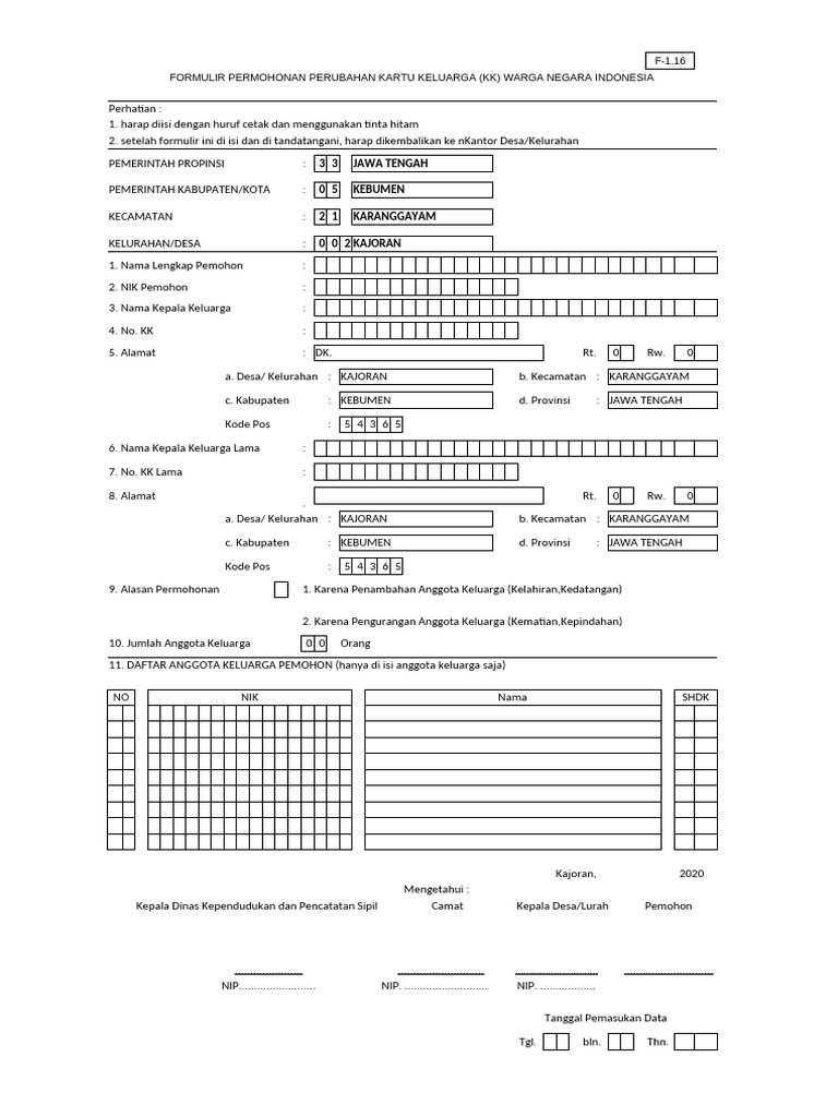 F-1.16 Formulir Permohonan Perubahan Kartu Keluarga (KK) Warga Negara ...