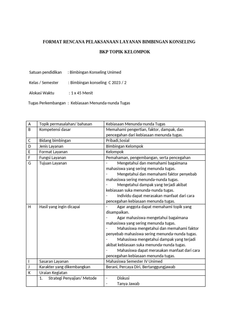 Format Rencana Pelaksanaan Layanan Bimbingan Konseling | PDF