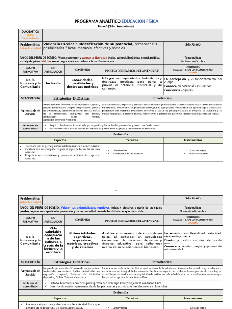 Ejemplo de Programa Analítico Educ. Física 2º | PDF