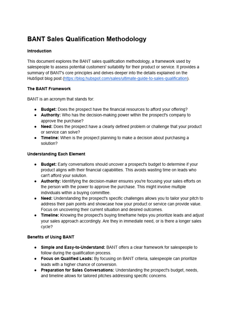 BANT Sales Qualification Methodology | PDF | Sales | Career & Growth