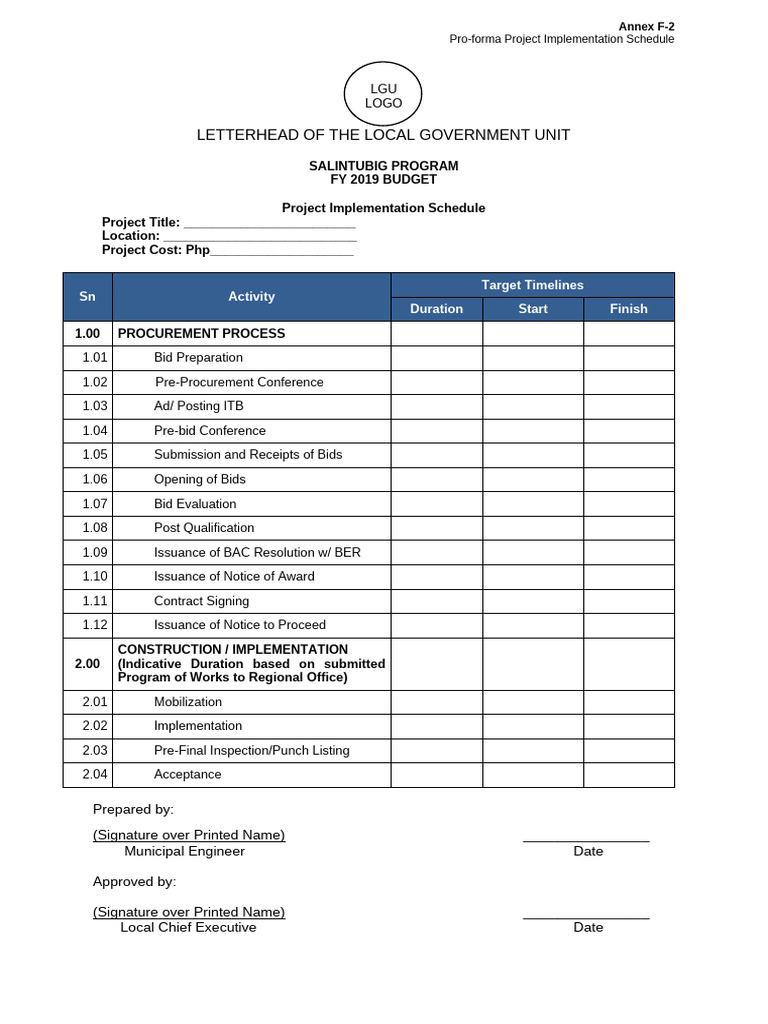 Annex F Pro-Forma Project Implementation Schedule | PDF