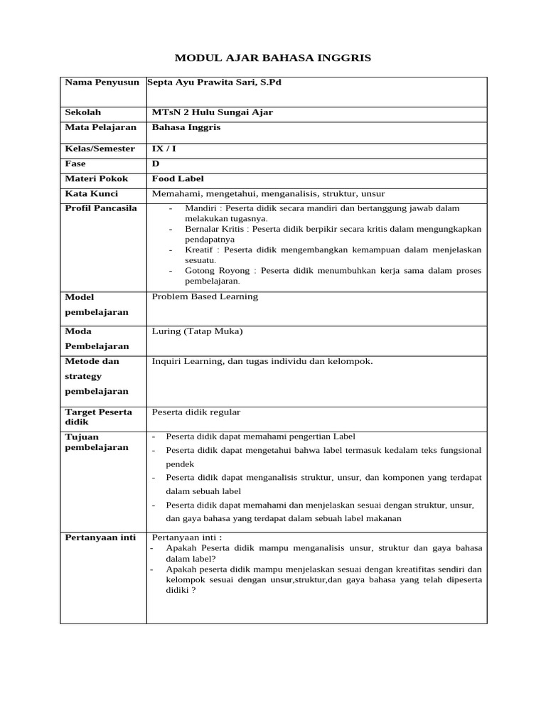 Modul Ajar Food Label | PDF