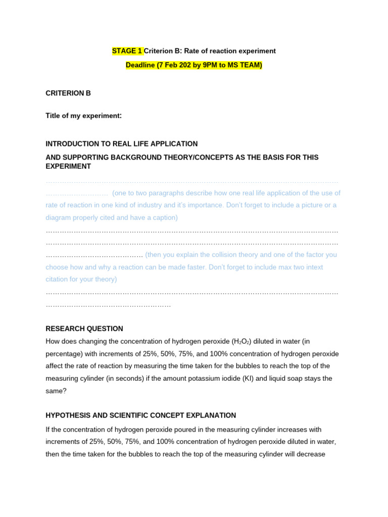 STAGE 1 Criterion B - Rate of Reaction Experiment | PDF
