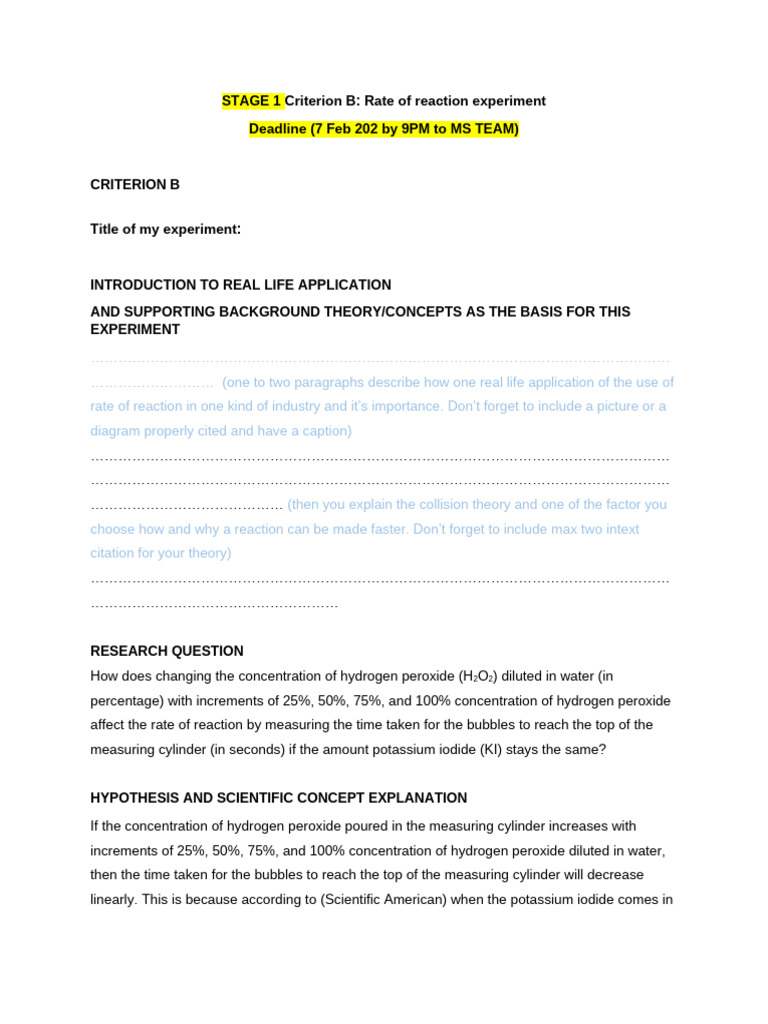 STAGE 1 Criterion B - Rate of Reaction Experiment | PDF