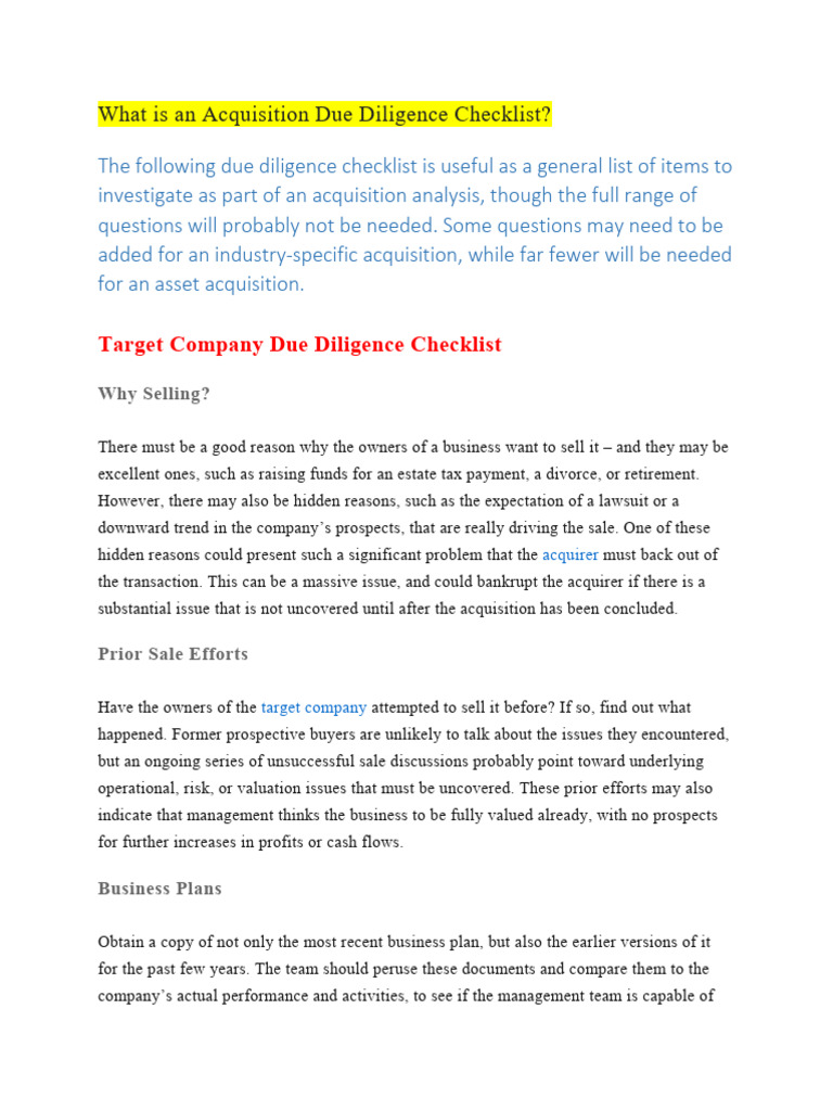 What Is An Acquisition Due Diligence Checklist | PDF