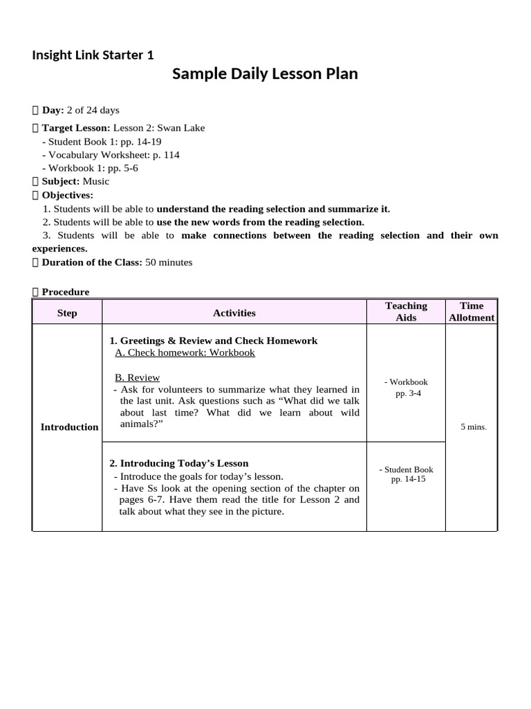 Insight Link Starter 1_Daily Lesson Plan_Sample | PDF