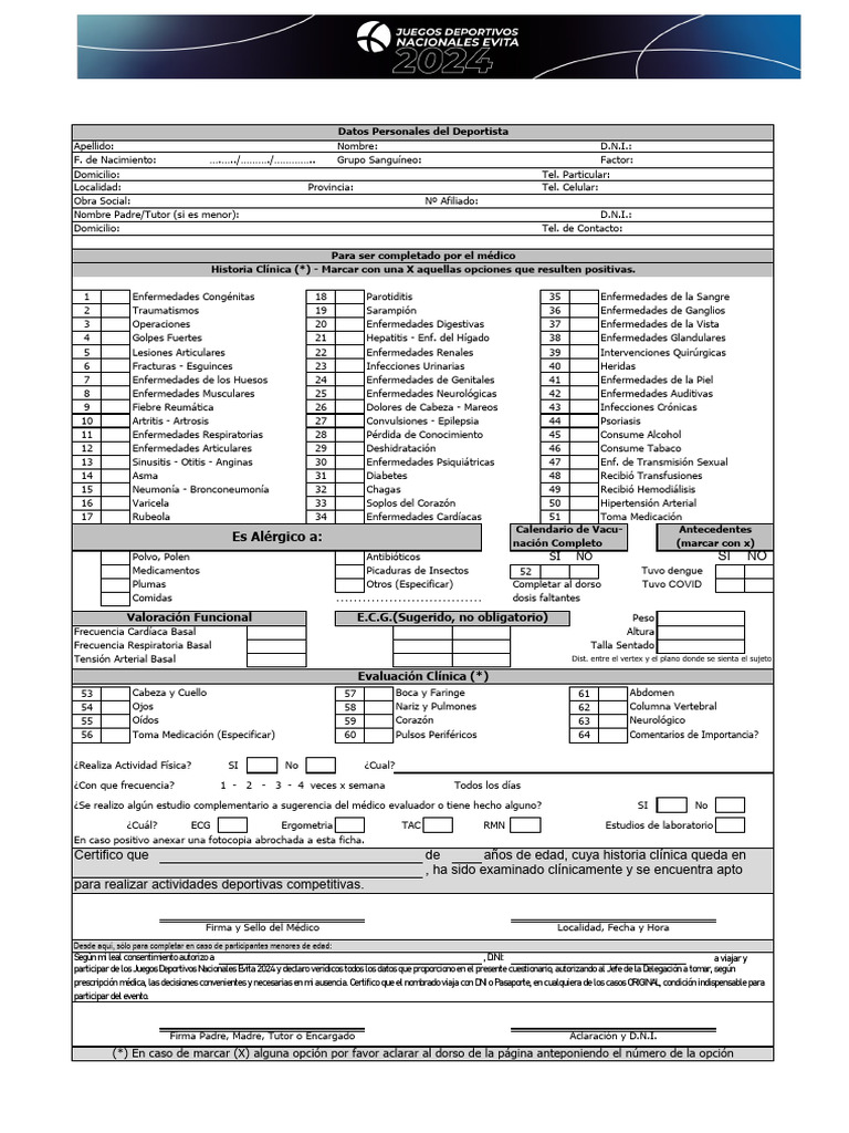 Ficha-Medica - JDNE 2024 Actualizada | PDF