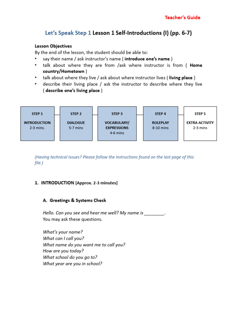 Let's Speak Step 1 - Lesson 1 Teacher's Guide | PDF