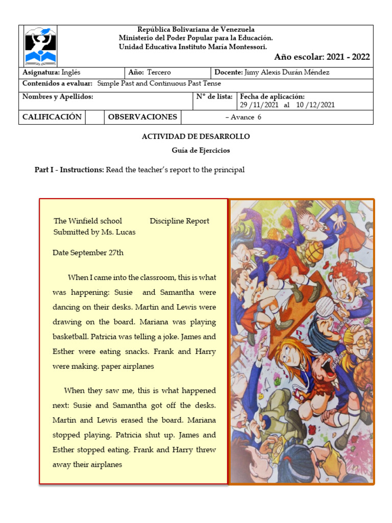 Actividad Practica - Continuous Past Tense - Third Year - Avance 4 - Lapso I - 2023 - 2024 | PDF ...