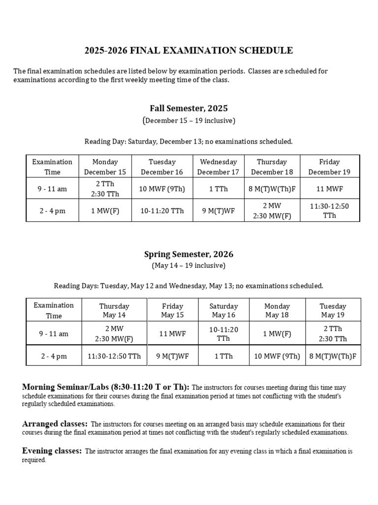 Final Exam Schedule for 2025-26 (1) | PDF