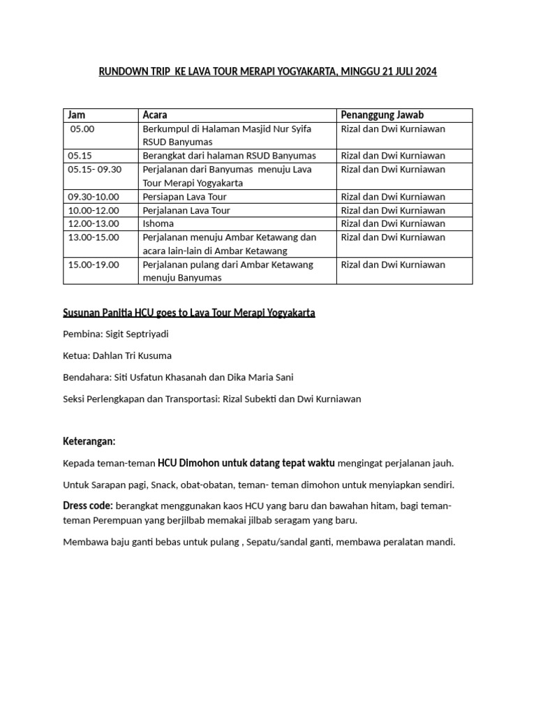 Rundown Trip Ke Lava Tour Merapi Yogyakarta | PDF