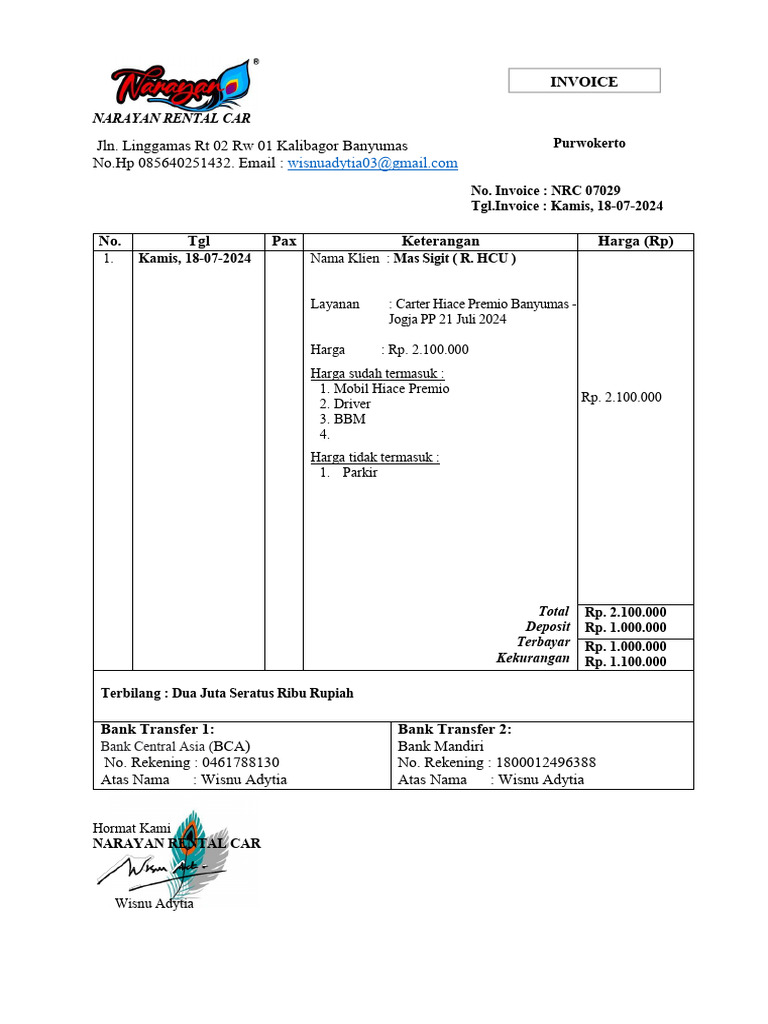 INVOICE NARAYAN RENTAL CAR (Mas Sigit HCU) | PDF