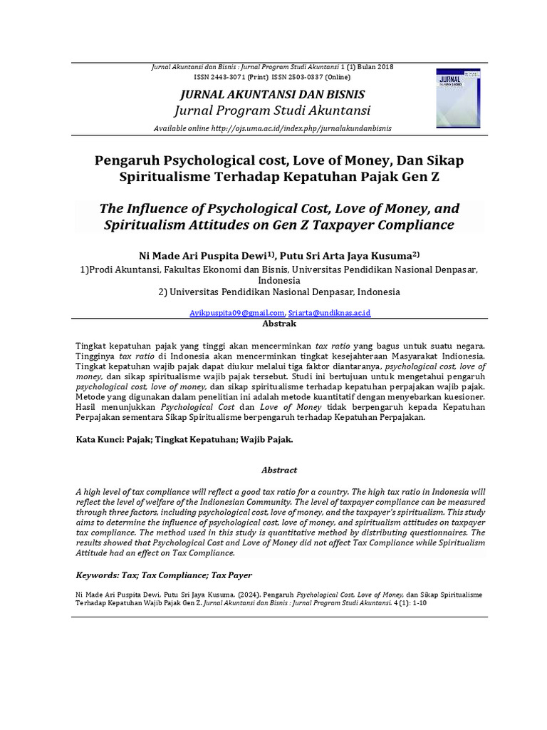 Pengaruh Psychological Cost Love Of Money Dan Sikap Spiritualisme