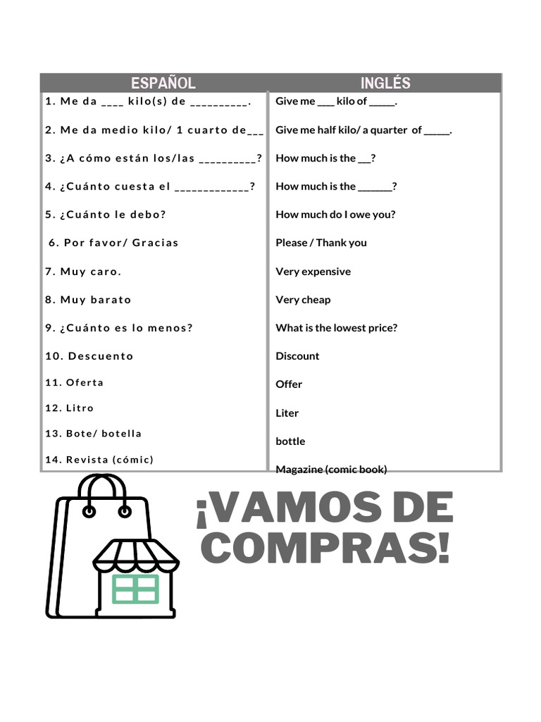 Shopping List Frases en Español | PDF | Cocina | Alimentos