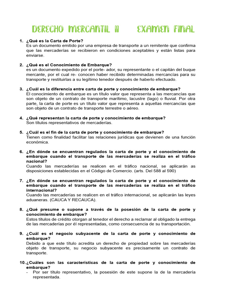 Derecho Mercantil II Examen Final | PDF