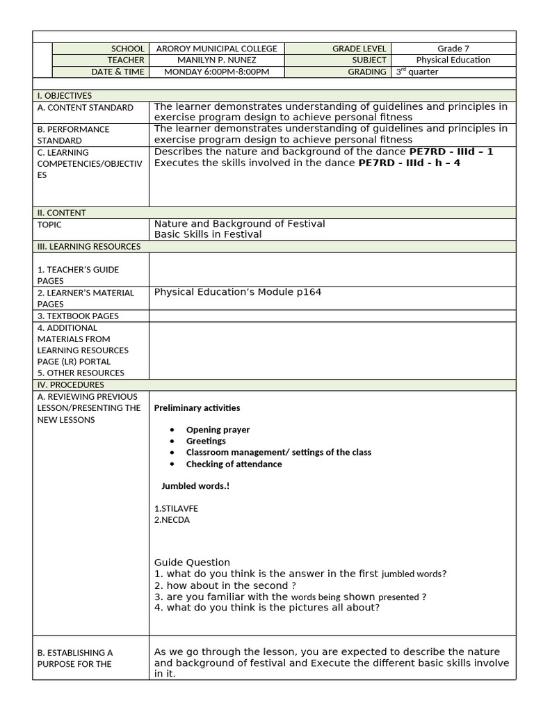 DLP Form Mapeh | PDF