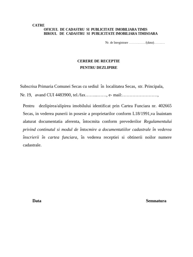 Cerere Receptie Dezlipire 402665 | PDF