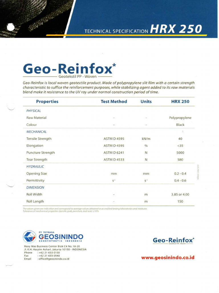 Spesifikasi Material Geotextile Woven HRX 250 | PDF