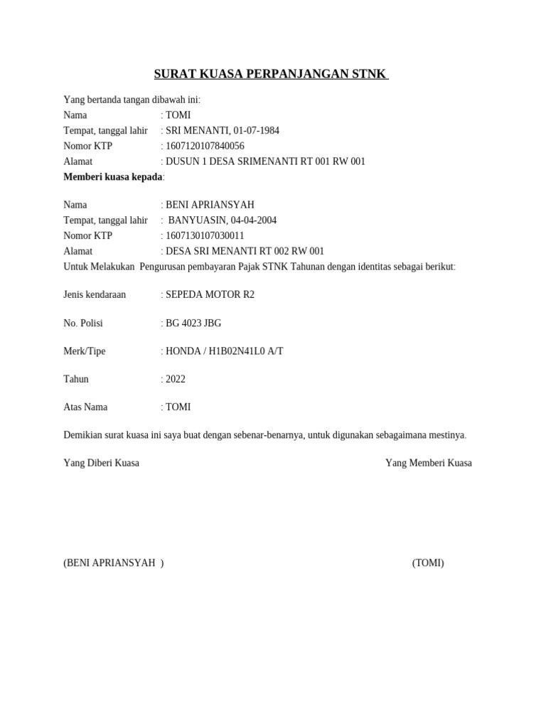 Contoh Surat Kuasa Perpanjangan STNK | PDF