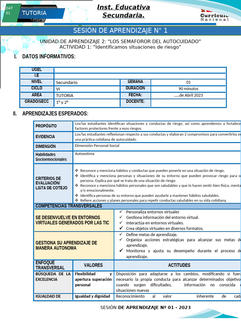 1º y 2° Tutoria Ses 1 Uni 2 Sem 01 | PDF