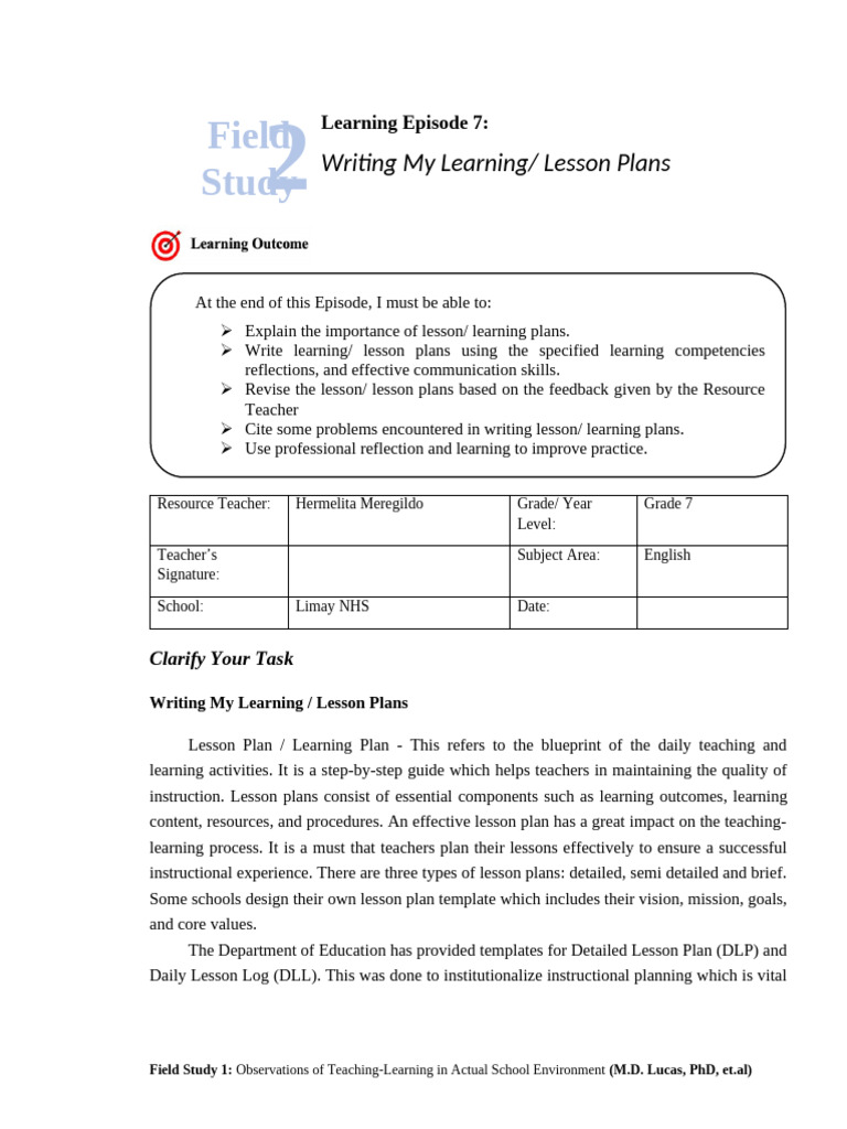Learning Episode 7 Writing My Learning Lesson Plans | PDF Learning Episode 7 Writing My Learning Lesson Plans | PDF