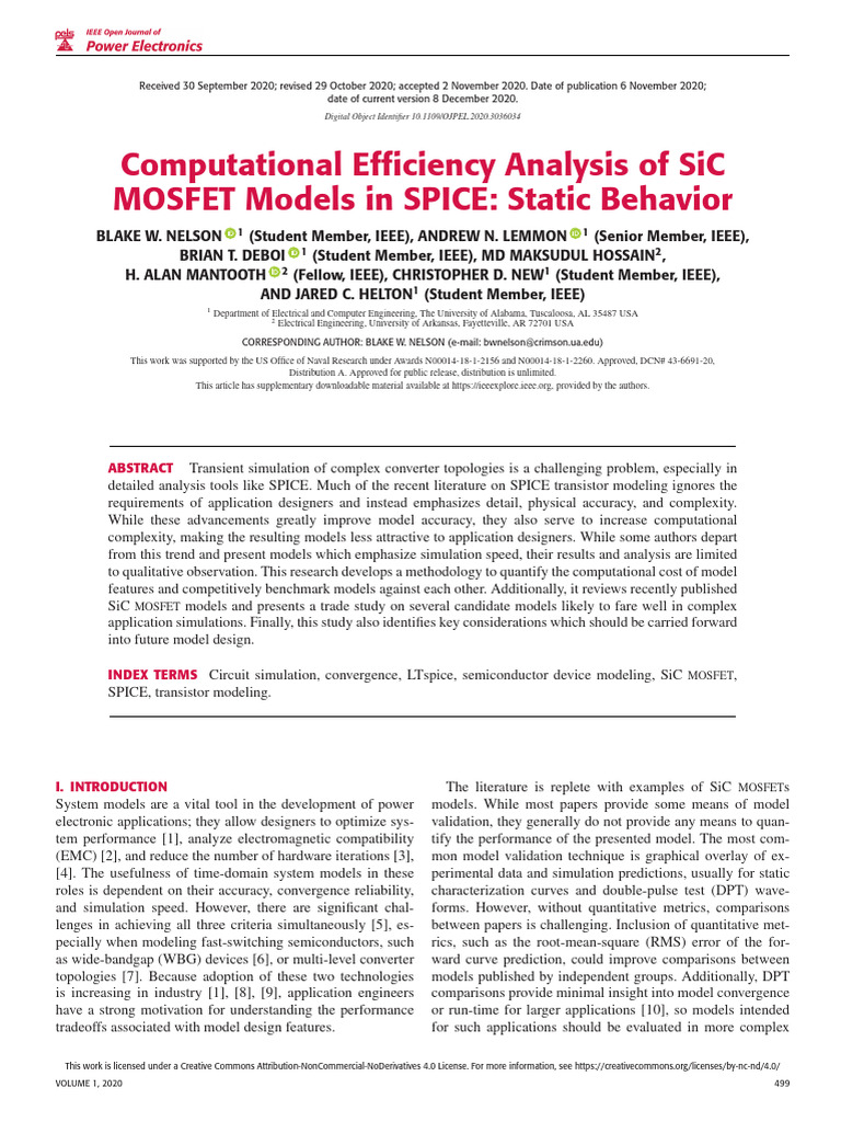 Computational Efficiency Analysis of SiC MOSFET Models in SPICE Static Behavior | PDF