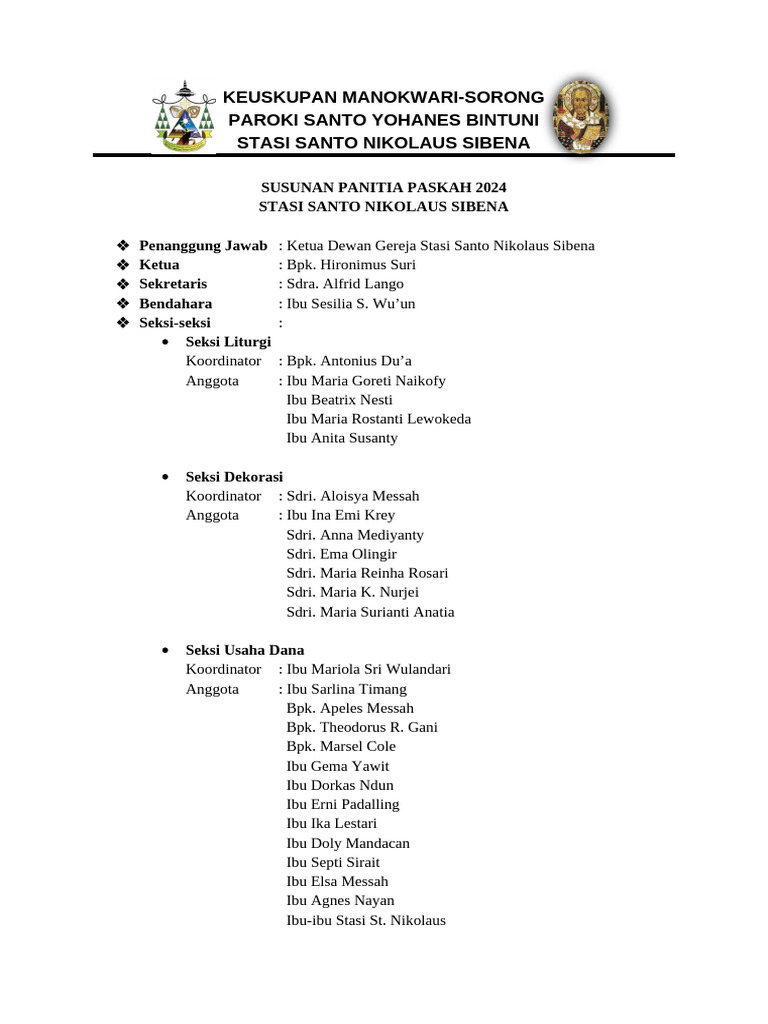 Susunan Panitia Paskah 2024 | PDF