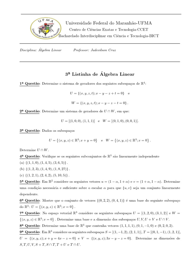 3 Lista de Álgebra - Linear - Jade | PDF